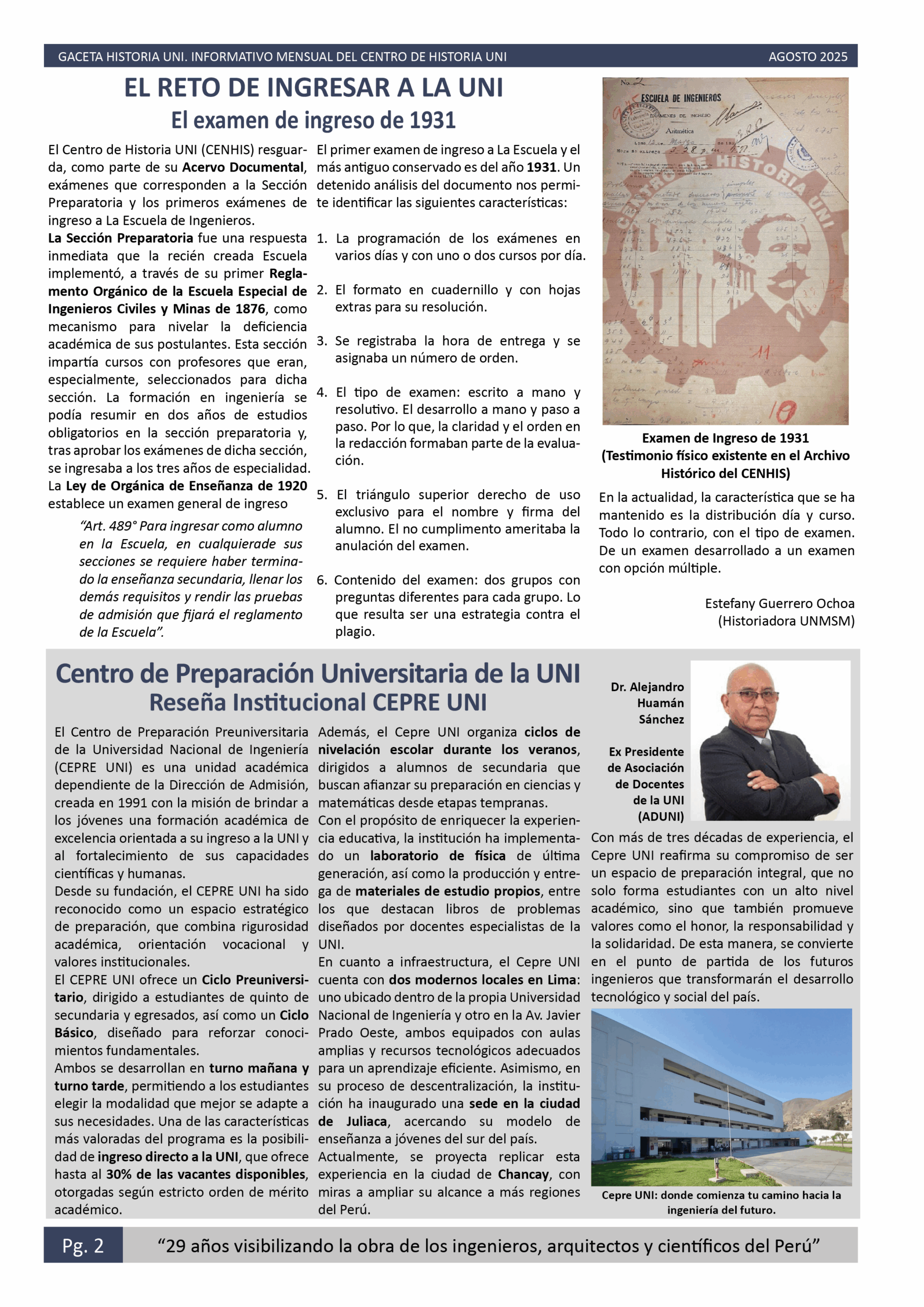 GACETA AÑO 2 N° 20 / AGOSTO 2025 – Centro de Historia UNI